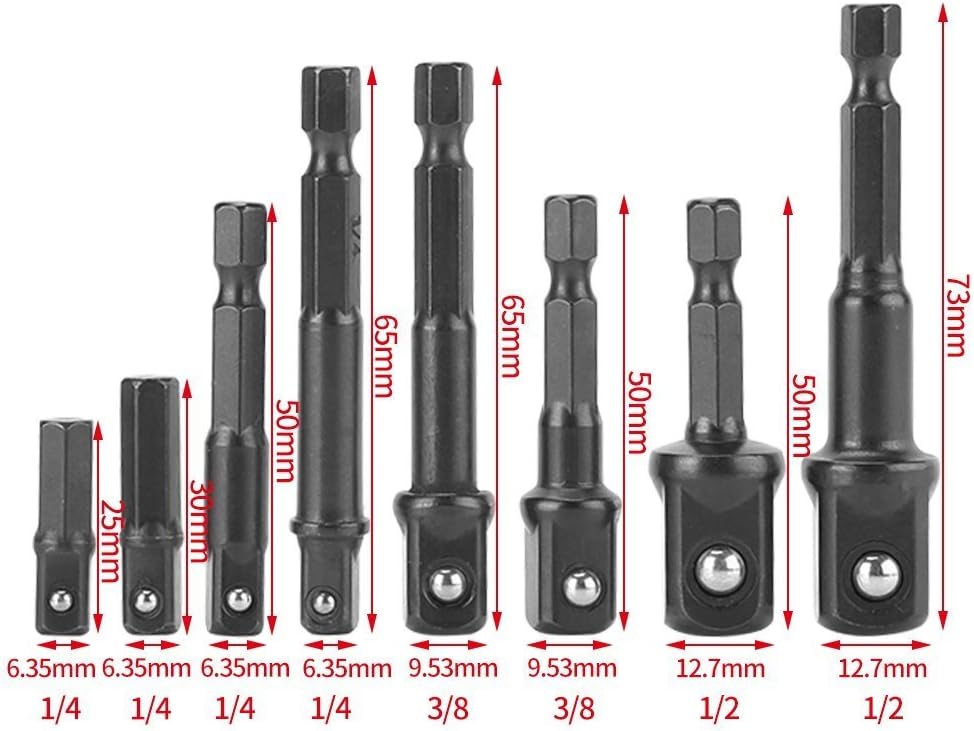 8 Pcs Drill Adapter Reducer Extension Set Hex to Socket Male For Tool ...