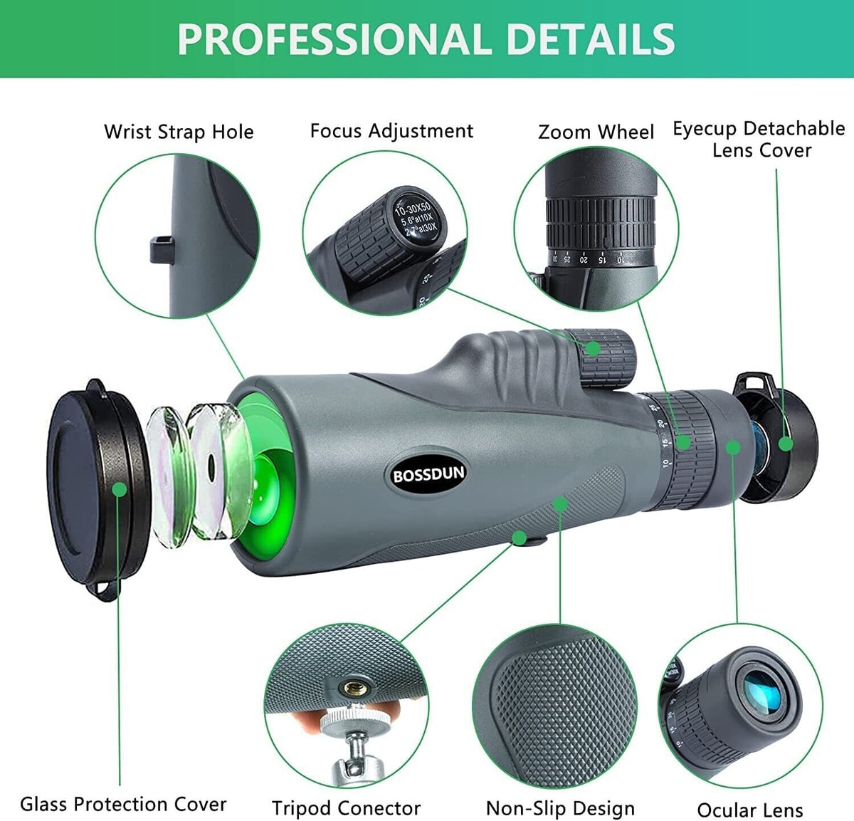 Bossdun 10-30X50 Zoom Monocular (QS116) Waterproof BAK4 Scope Pocket T ...