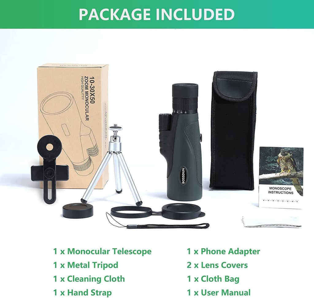 Bossdun 10-30X50 Zoom Monocular (QS116) Waterproof BAK4 Scope Pocket T ...